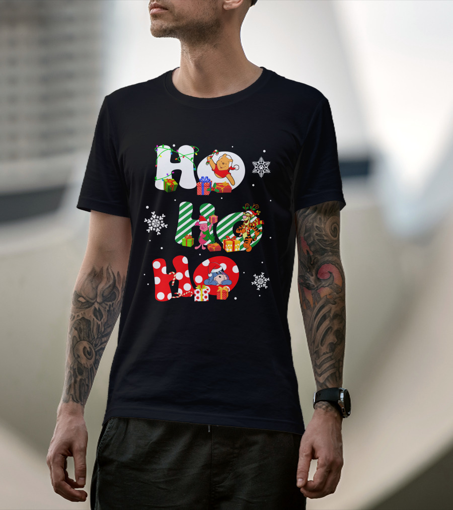 Ho Ho Ho Christmas Winnie The Pooh With Piglet Tigger Eeyore Holiday Snowflakes And Gifts T-Shirt