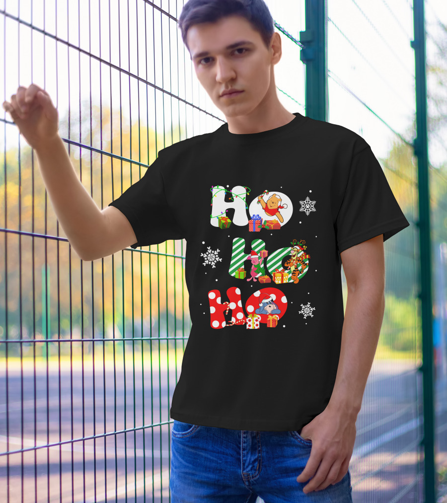 Ho Ho Ho Christmas Winnie The Pooh With Piglet Tigger Eeyore Holiday Snowflakes And Gifts T-Shirt