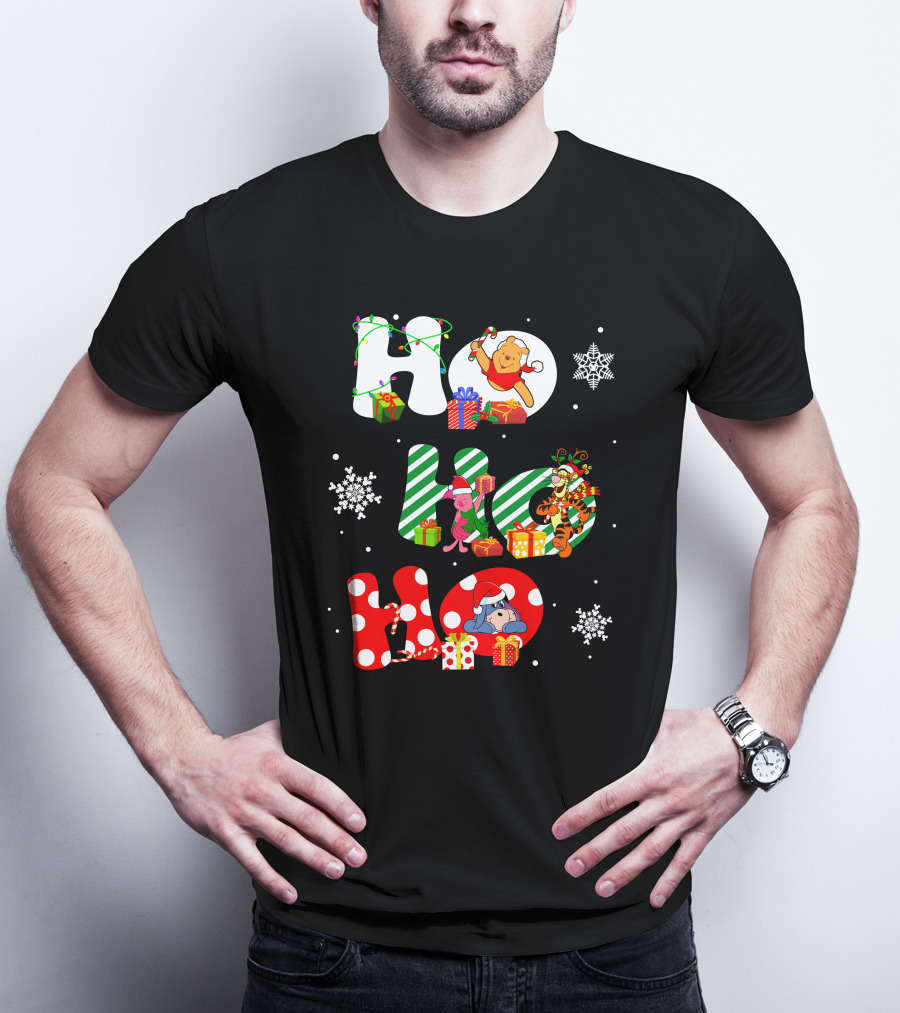 Ho Ho Ho Christmas Winnie The Pooh With Piglet Tigger Eeyore Holiday Snowflakes And Gifts T-Shirt