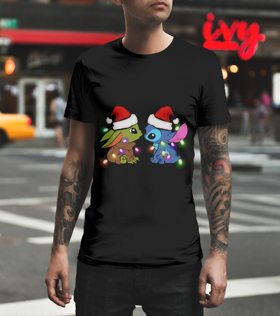 Baby Yoda And Stitch Christmas Lights Santa Hats T-Shirt