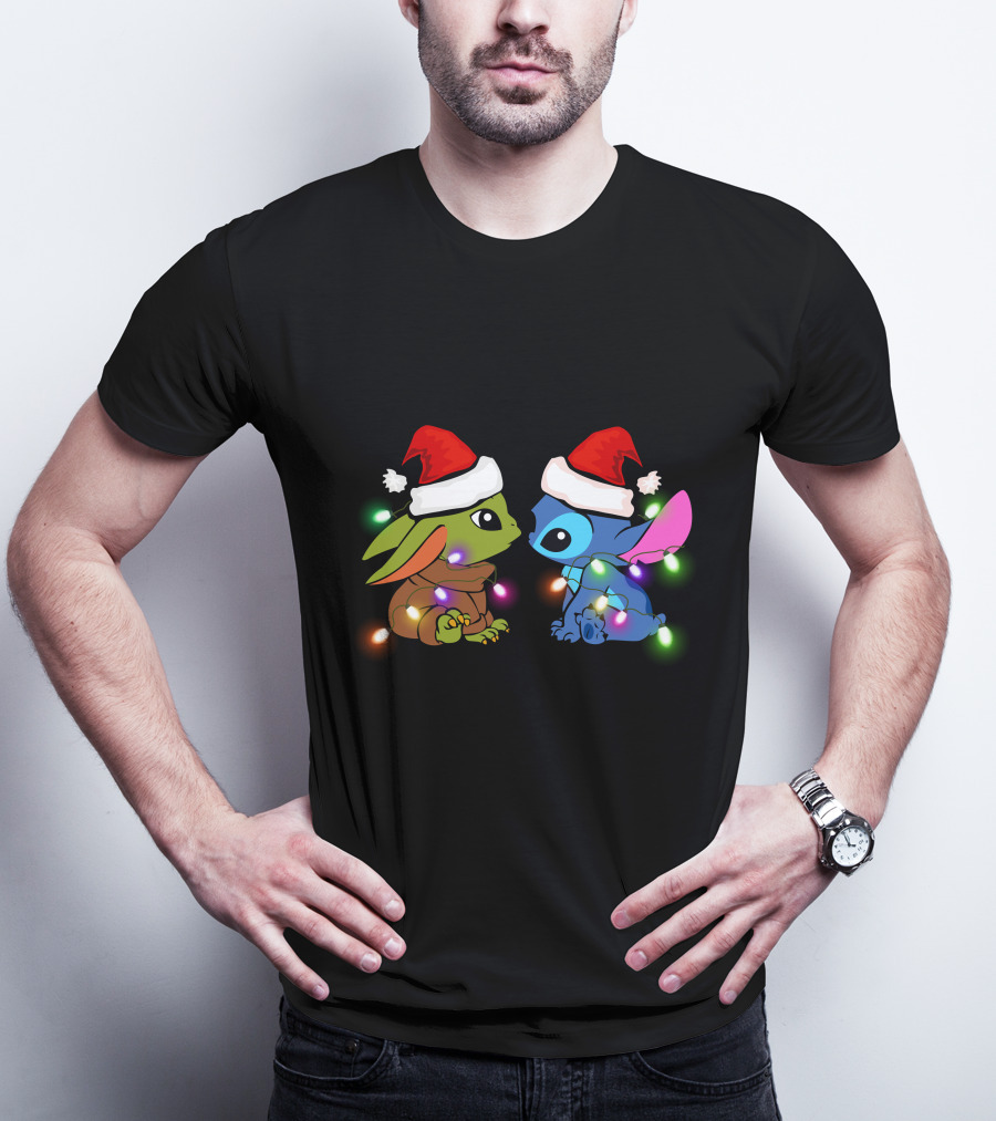 Baby Yoda And Stitch Christmas Lights Santa Hats T-Shirt