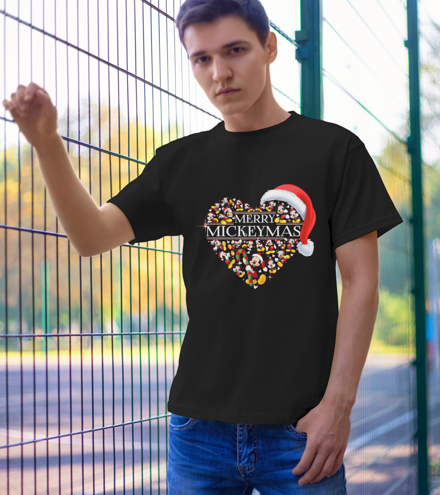Merry Mickeymas Christmas Heart With Santa Hat And Mickey Characters T-Shirt
