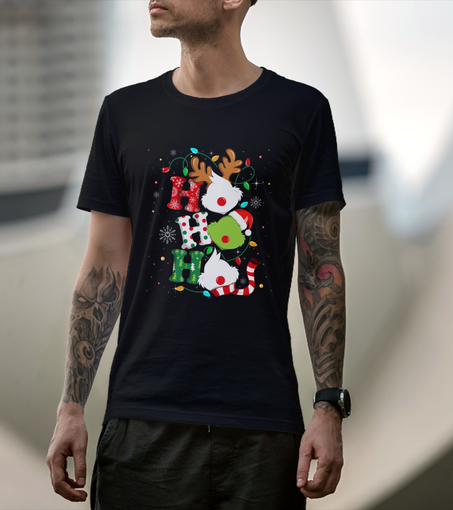 Grinch Ho Ho Ho Christmas Lights Reindeer Santa Hat Snowflakes T-Shirt