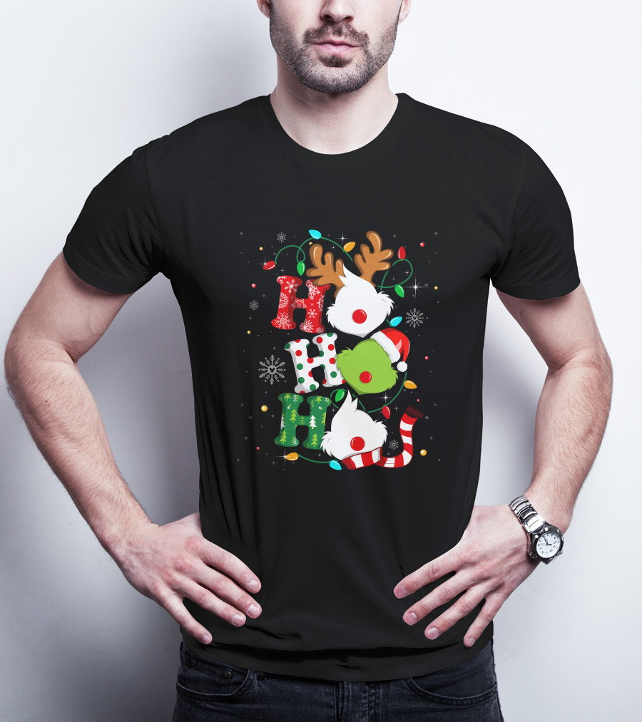 Grinch Ho Ho Ho Christmas Lights Reindeer Santa Hat Snowflakes T-Shirt