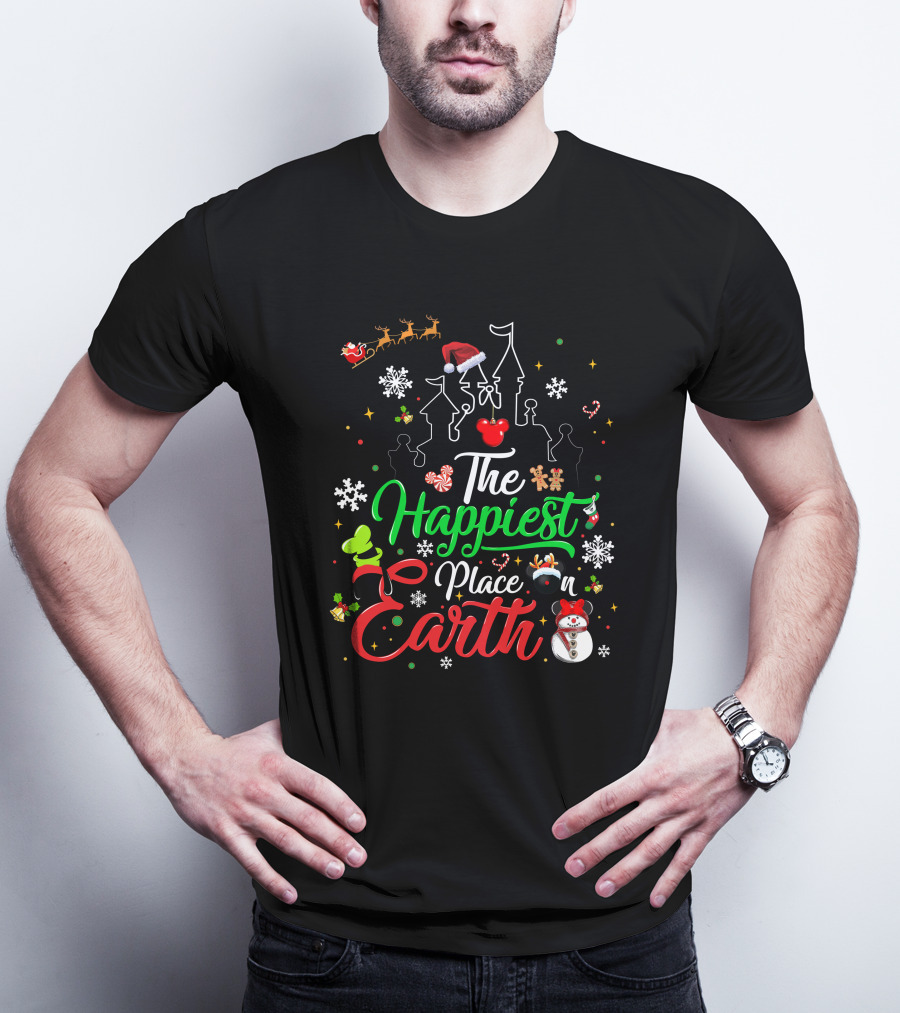The Happiest Place On Earth Christmas Santa Snowman Gingerbread Reindeer Castle T-Shirt