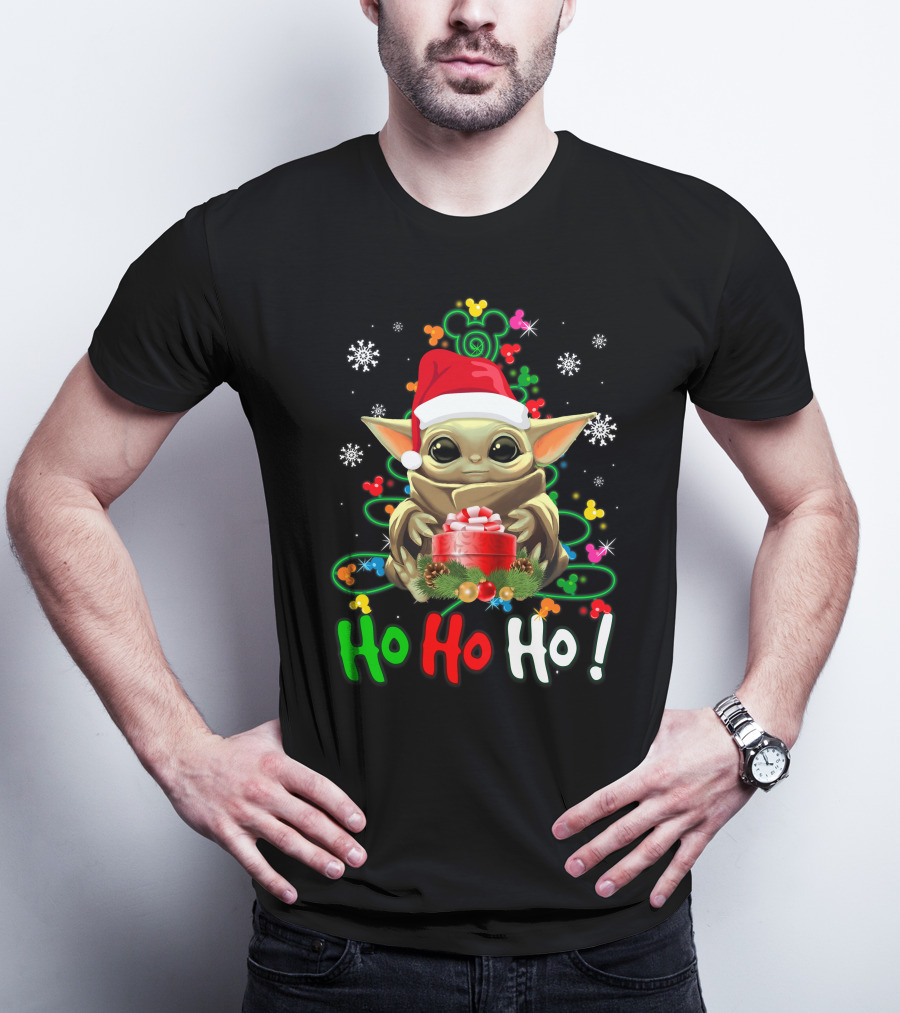 Ho Ho Ho Baby Yoda Christmas Santa Hat Gift Snowflakes T-Shirt
