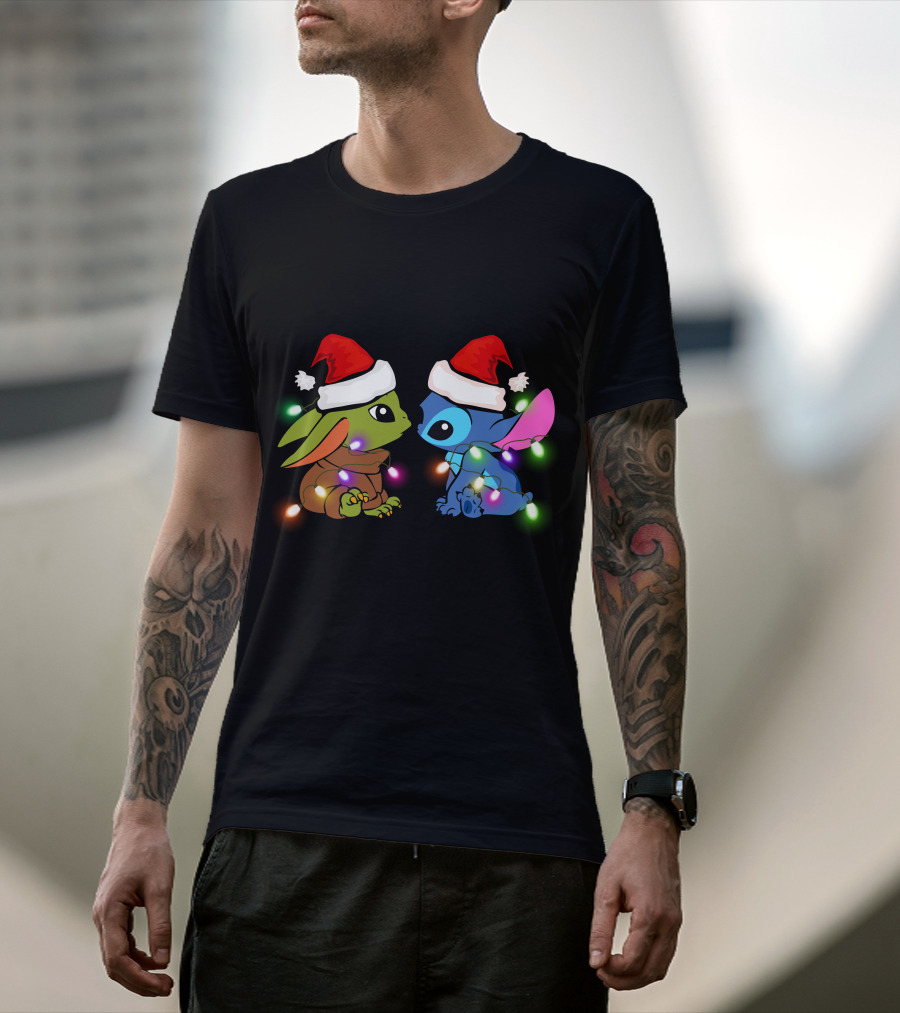 Santa Hat Baby Yoda And Stitch Christmas Lights T-Shirt
