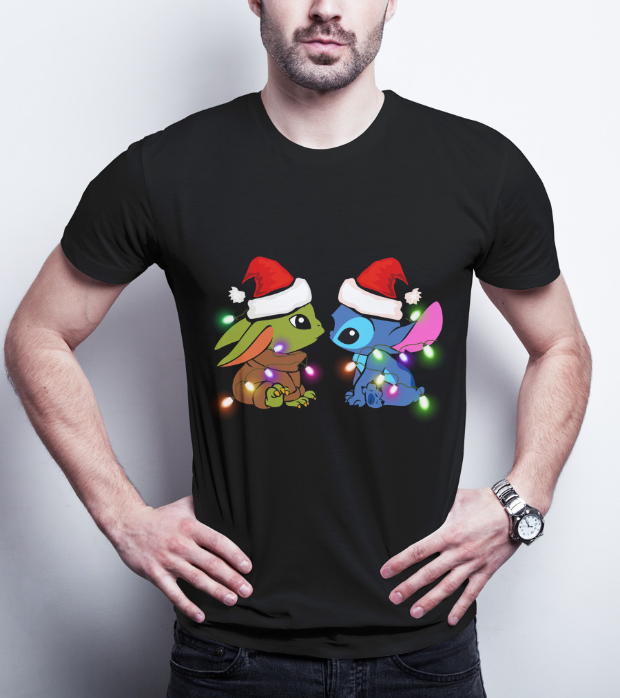 Santa Hat Baby Yoda And Stitch Christmas Lights T-Shirt