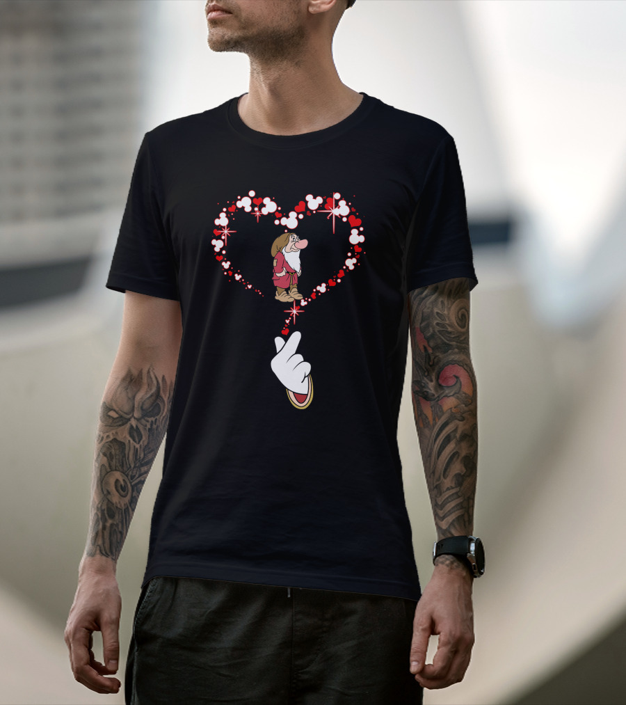 Grumpy Dwarf In Mouse Ear Heart With Iconic Glove Finger Gesture T-Shirt