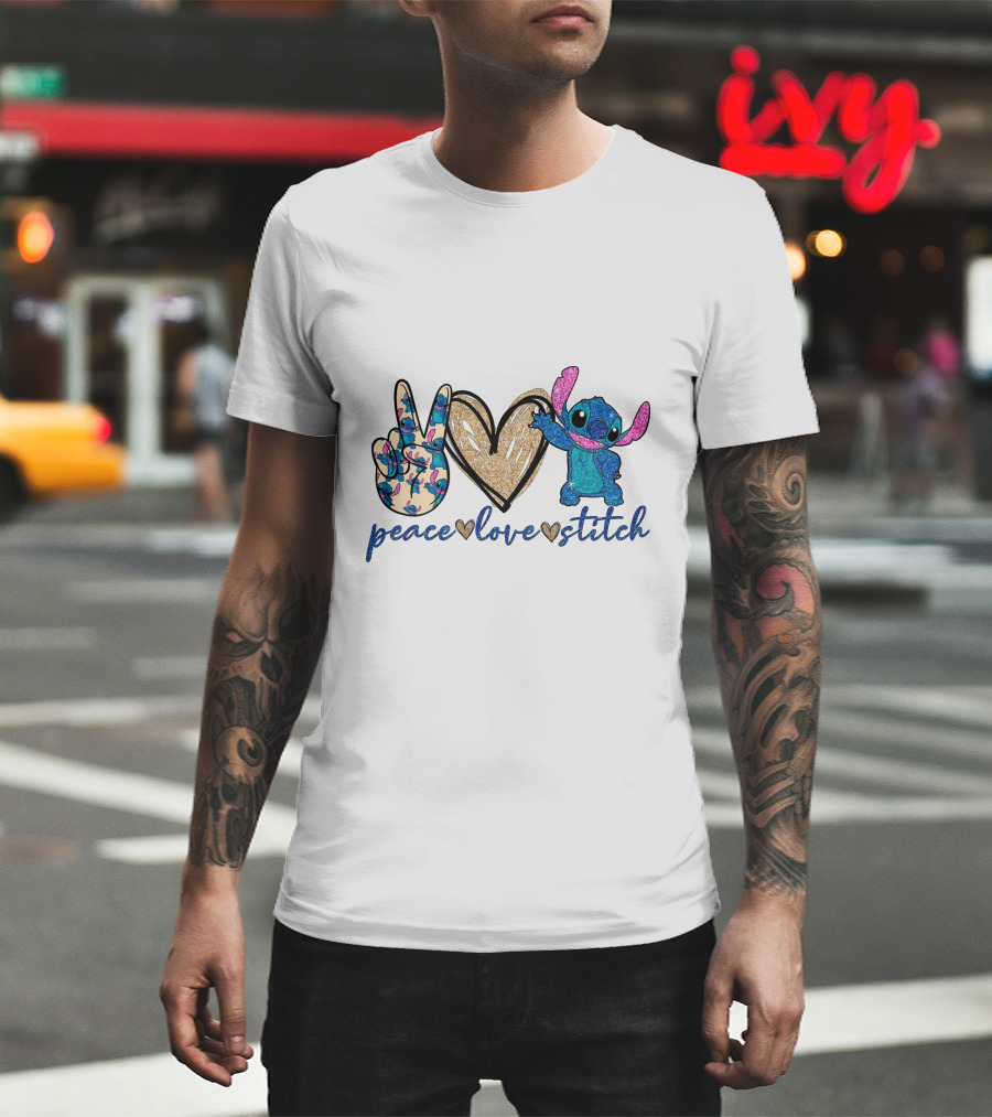 Peace Love Stitch Alien Character With Peace And Heart Symbols T-Shirt