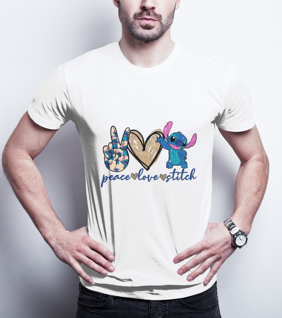 Peace Love Stitch Alien Character With Peace And Heart Symbols T-Shirt