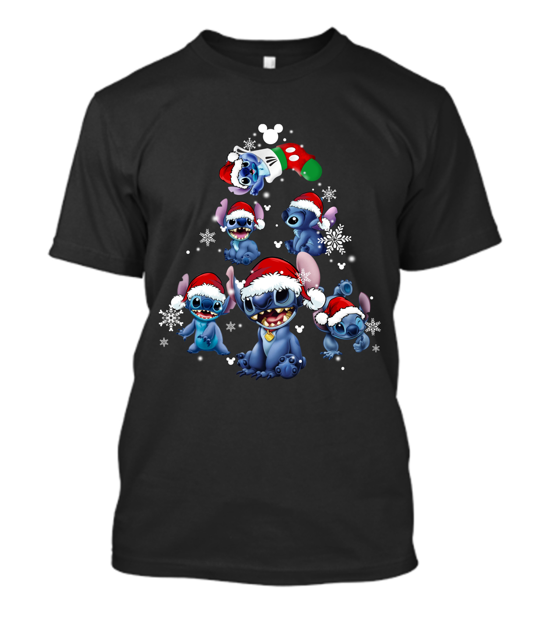 Stitch Christmas Tree With Santa Hat And Snowflakes T-Shirt