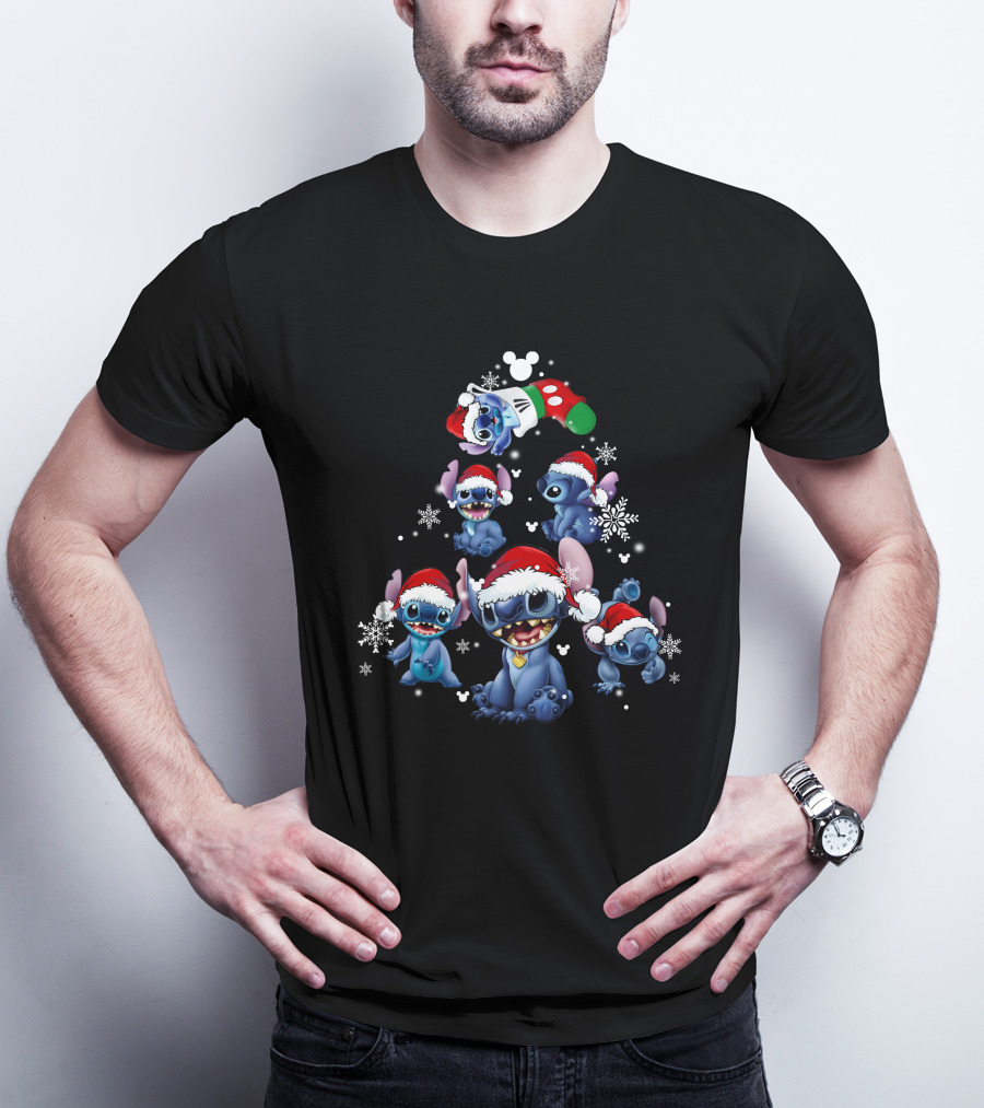 Stitch Christmas Tree With Santa Hat And Snowflakes T-Shirt