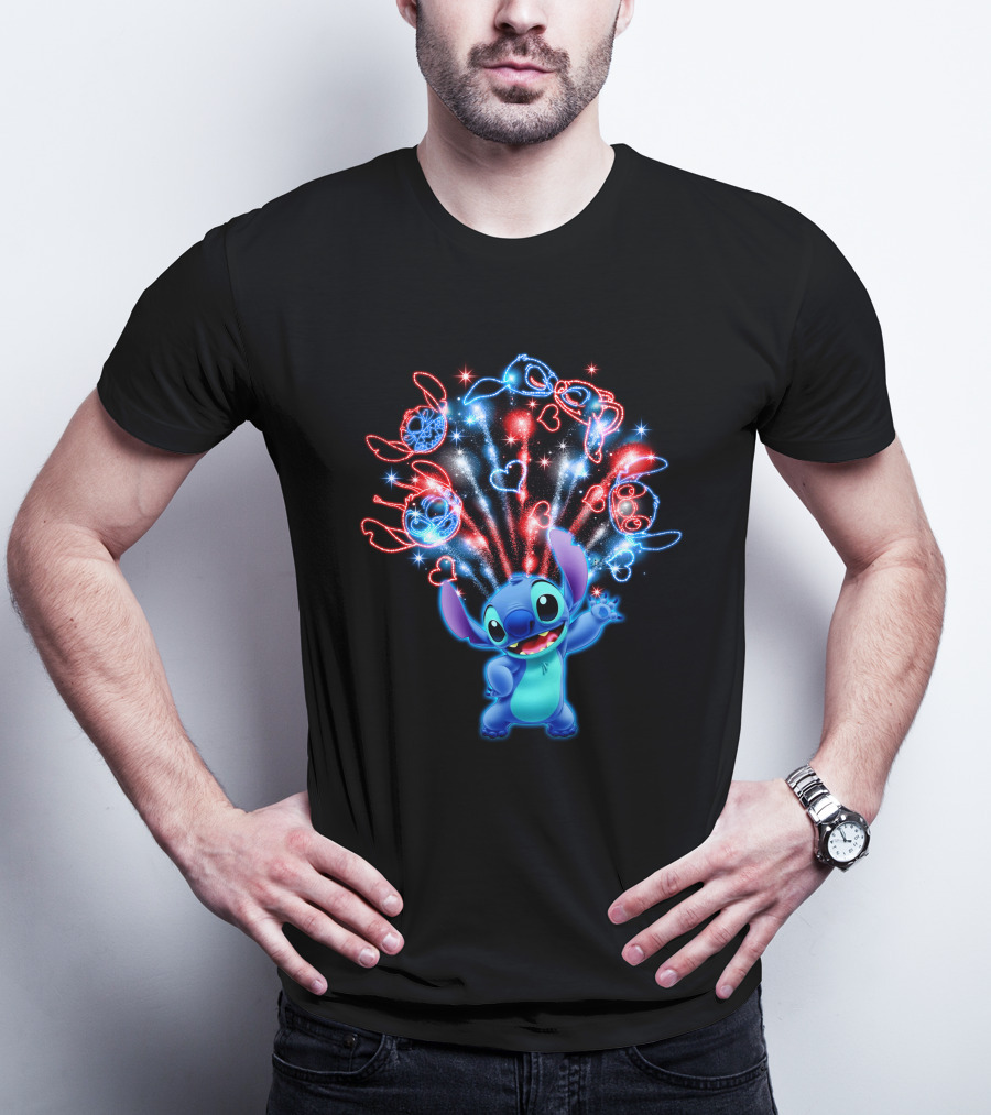 Stitch Magic Fireworks Burst Hearts And Glasses T-Shirt