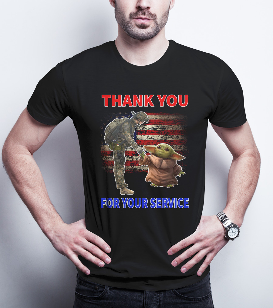 THANK YOU FOR YOUR SERVICE BABY YODA AMERICAN FLAG SOLDIER HANDSHAKE T-Shirt