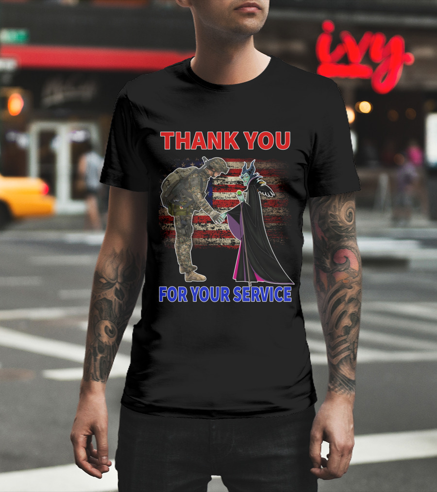 Maleficent Thank You For Your Service Soldier With American Flag Background T-Shirt