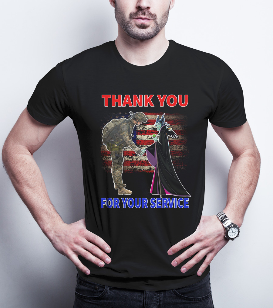Maleficent Thank You For Your Service Soldier With American Flag Background T-Shirt