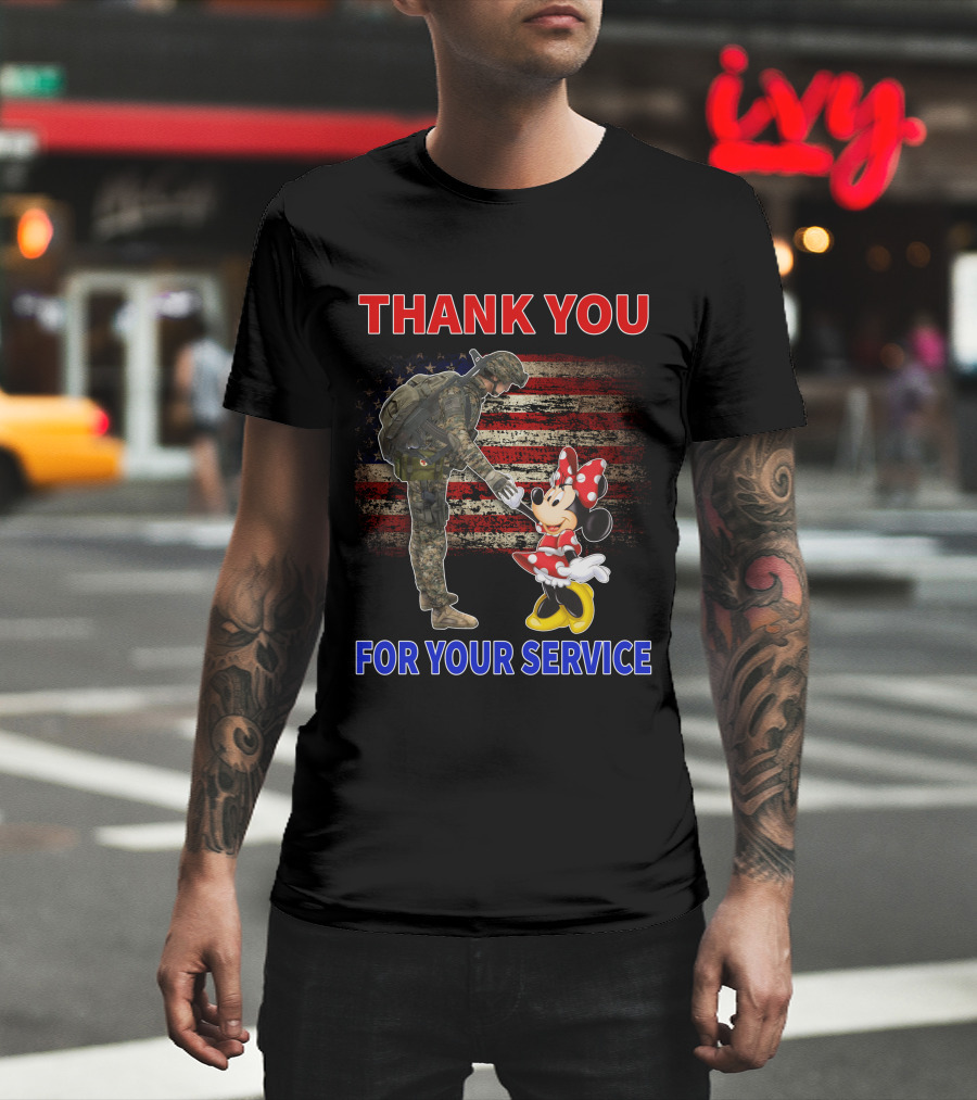 Thank You For Your Service Soldier And Minnie Mouse With American Flag Background T-Shirt