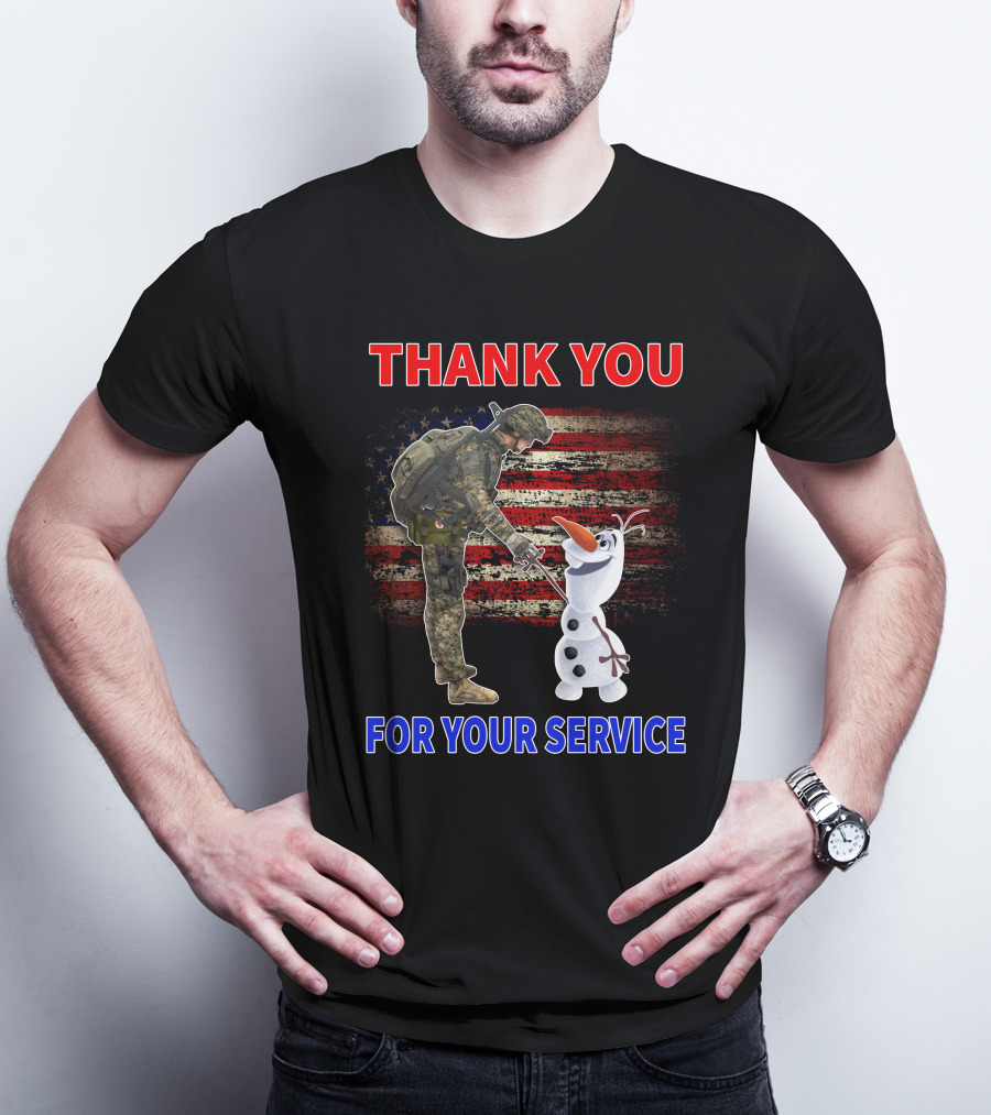 Thank You For Your Service Soldier With Olaf And American Flag T-Shirt