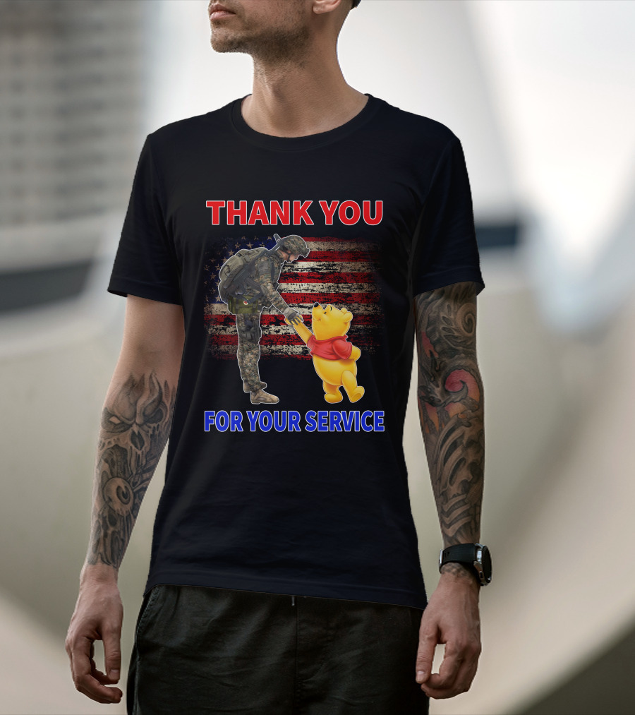 Thank You For Your Service Soldier And Pooh With American Flag Background T-Shirt