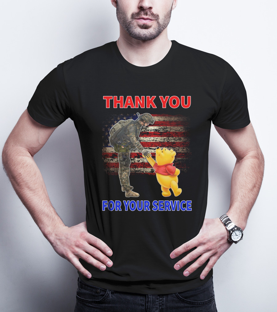Thank You For Your Service Soldier And Pooh With American Flag Background T-Shirt