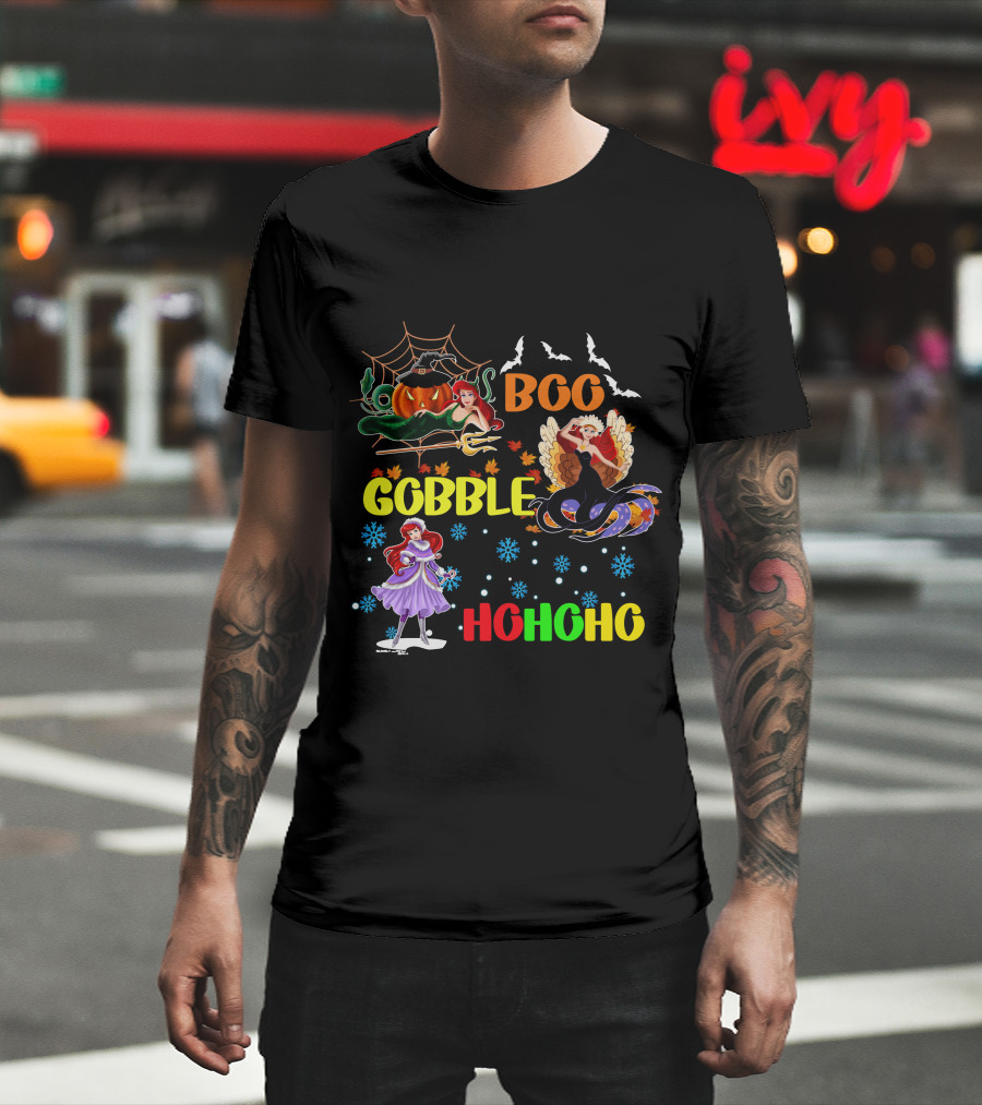Boo Gobble HoHoHo Ariel HalloThanksMas T-Shirt