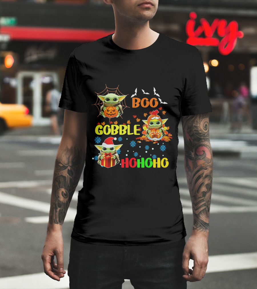 Baby Yoda Boo Gobble HoHoHo HalloThanksMas T-Shirt