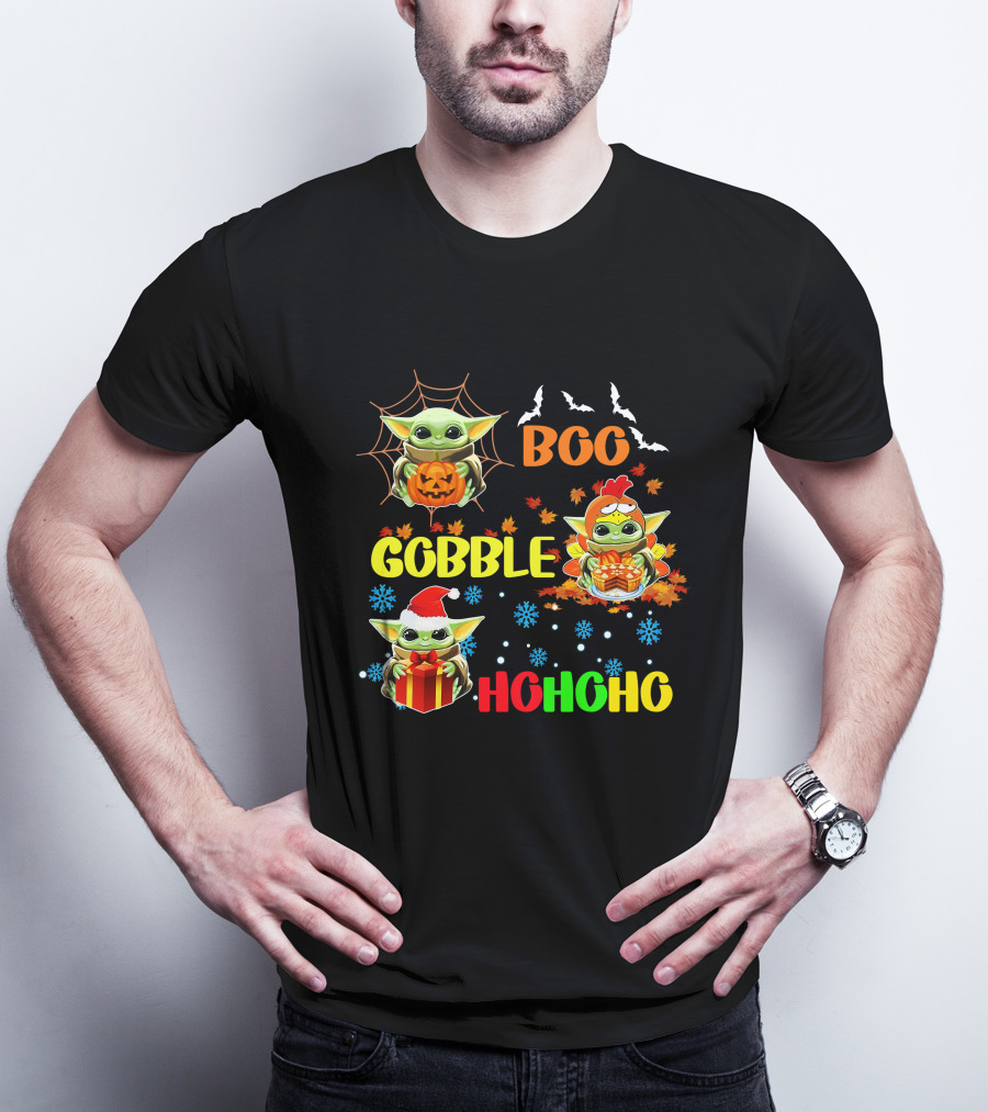Baby Yoda Boo Gobble HoHoHo HalloThanksMas T-Shirt