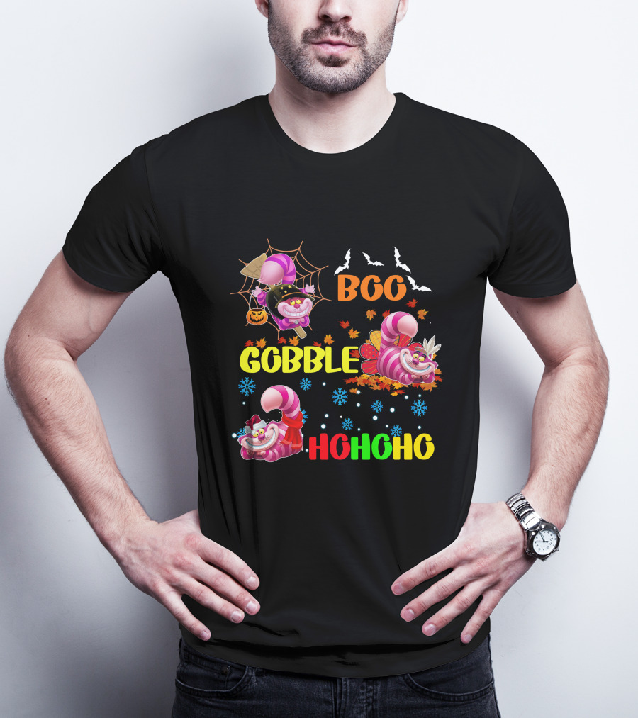 Cheshire Cat Boo Gobble HoHoHo HalloThanksMas T-Shirt