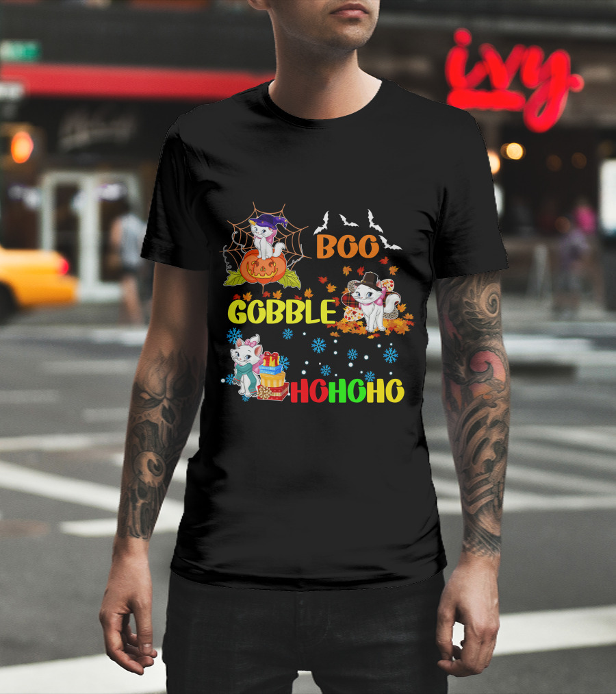 Marie Cat Boo Gobble HoHoHo HalloThanksMas T-Shirt