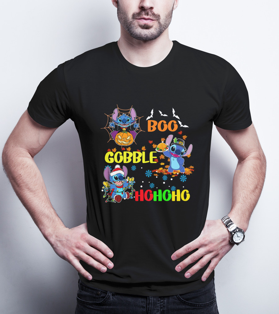 Stitch Boo Gobble Ho Ho Ho HalloThanksMas T-Shirt