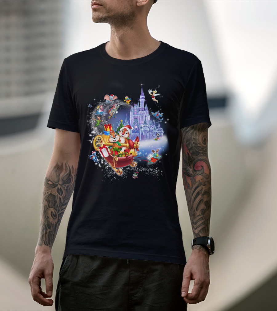 Chip And Dale Christmas Castle With Sleigh And Gifts T-Shirt