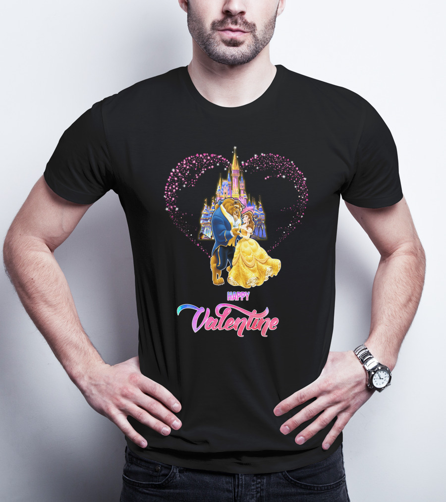 Happy Valentine Beauty And The Beast Castle Hearts T-Shirt