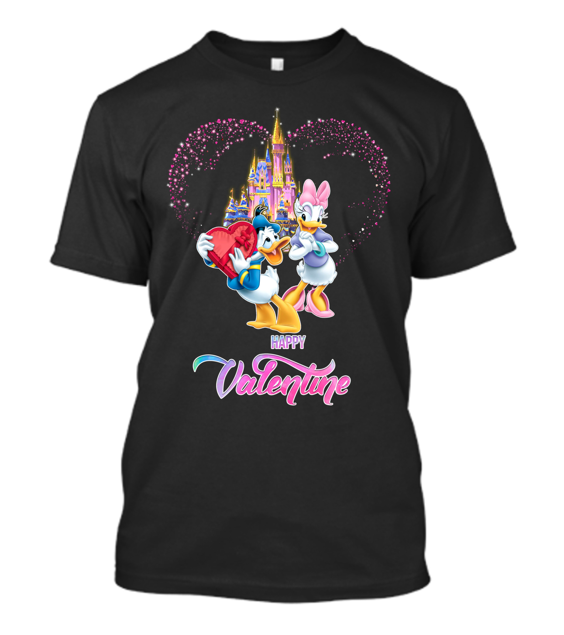 Happy Valentine Donald And Daisy With Castle Heart Background T-Shirt