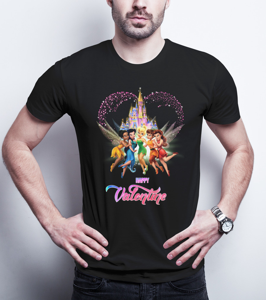 Happy Valentine Tinkerbell And Friends With Castle And Heart Magic T-Shirt