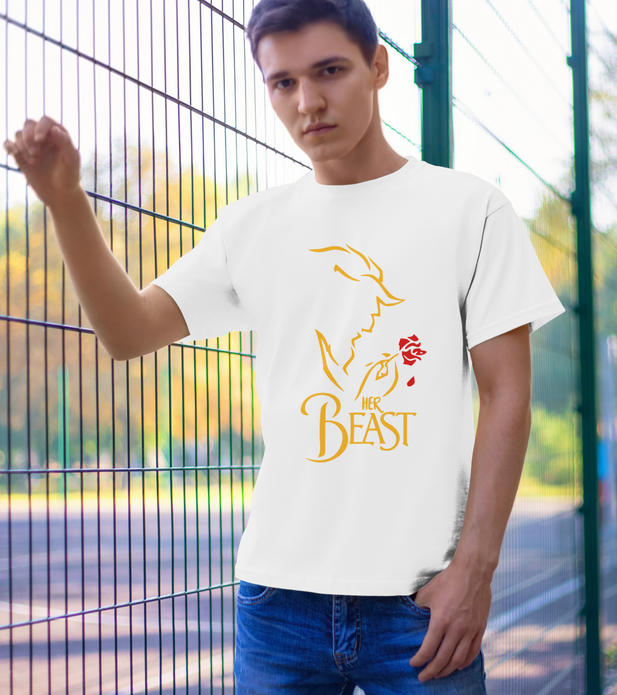 Her Beast Silhouette With Red Rose Beauty And The Beast T-Shirt