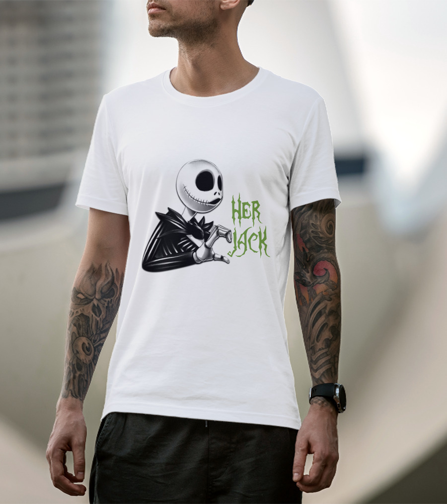HER JACK SKELETON CHARACTER SKETCH BLACK AND WHITE GREEN LETTERING T-Shirt