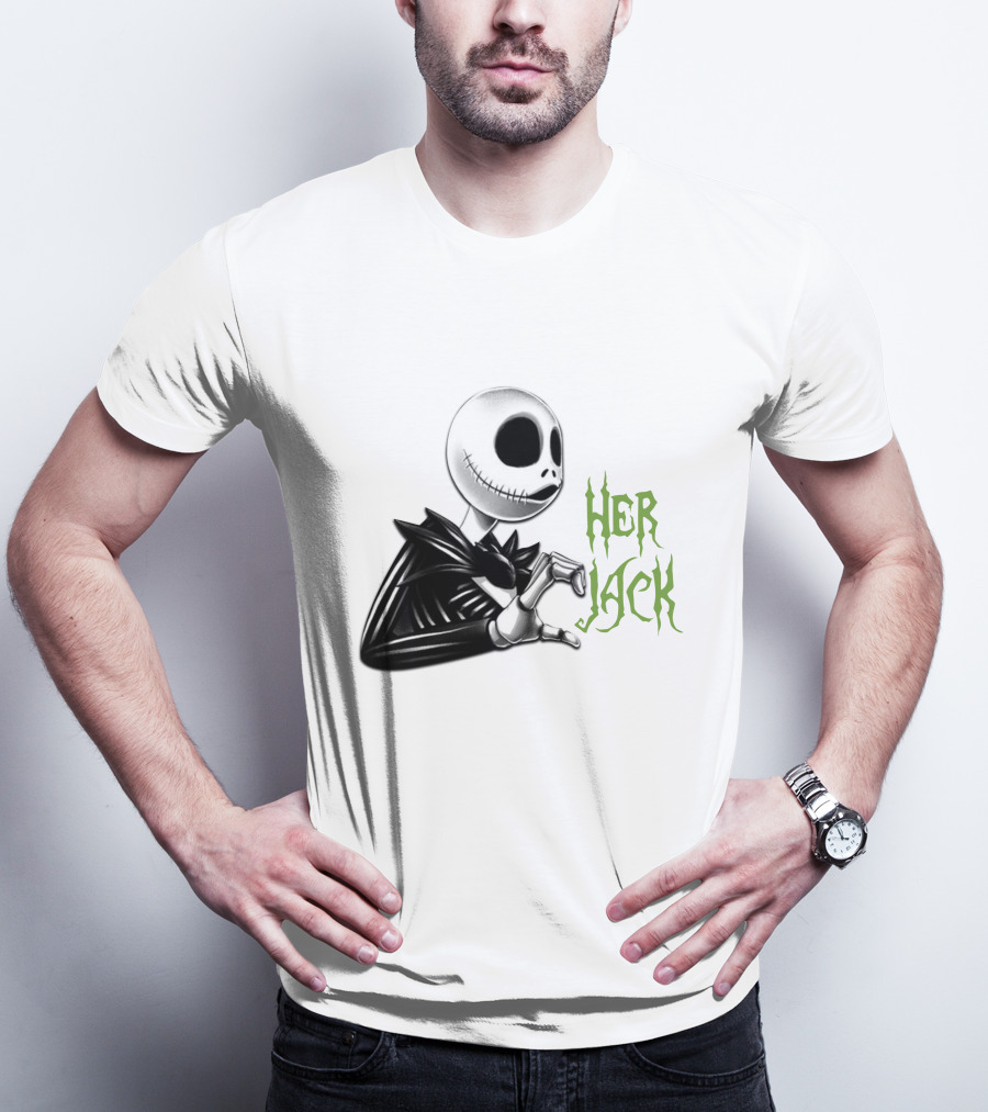 HER JACK SKELETON CHARACTER SKETCH BLACK AND WHITE GREEN LETTERING T-Shirt