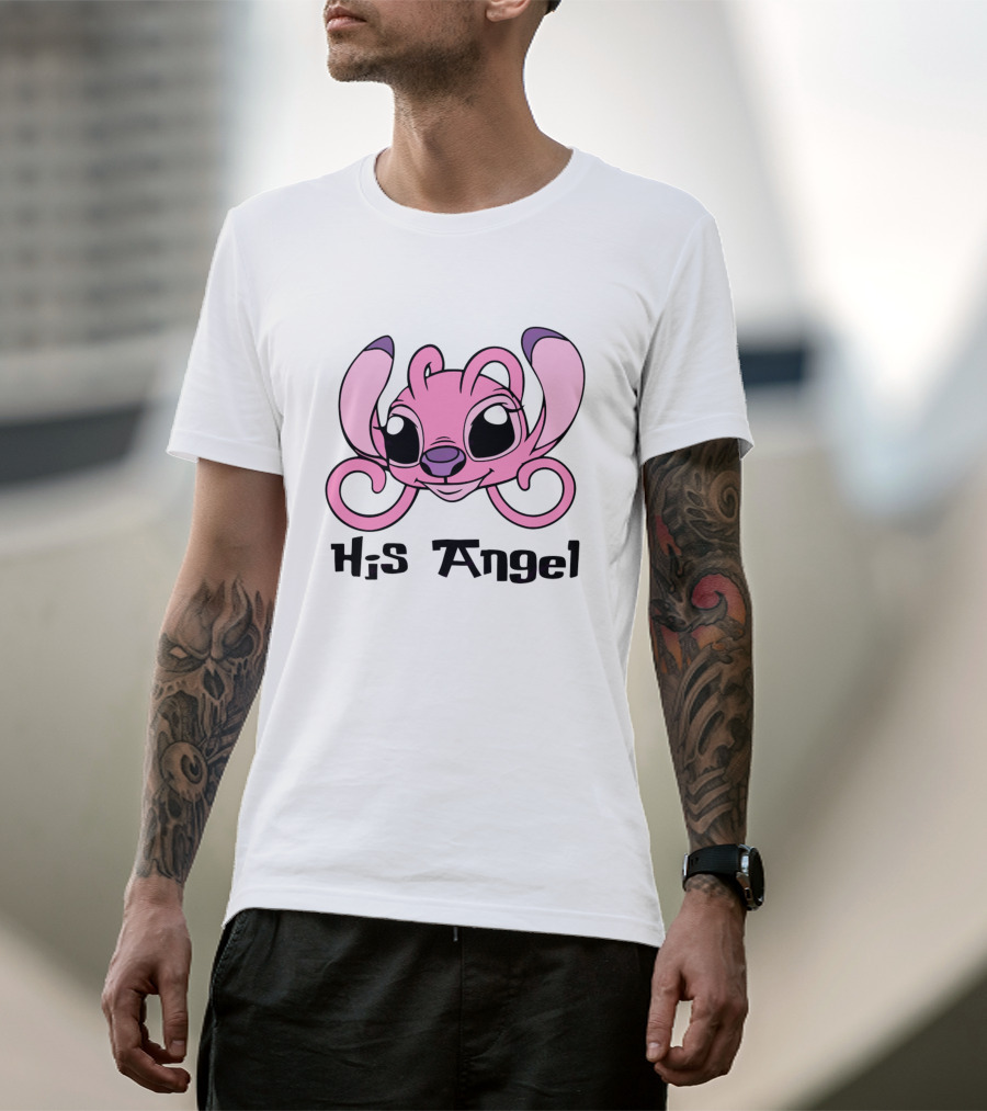Stitch His Angel Pink Character Featuring Large Ears And Whimsical T-Shirt