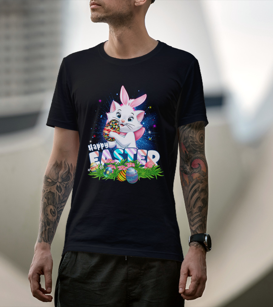 Happy Easter Marie Cat With Colorful Easter Eggs And Flowers T-Shirt