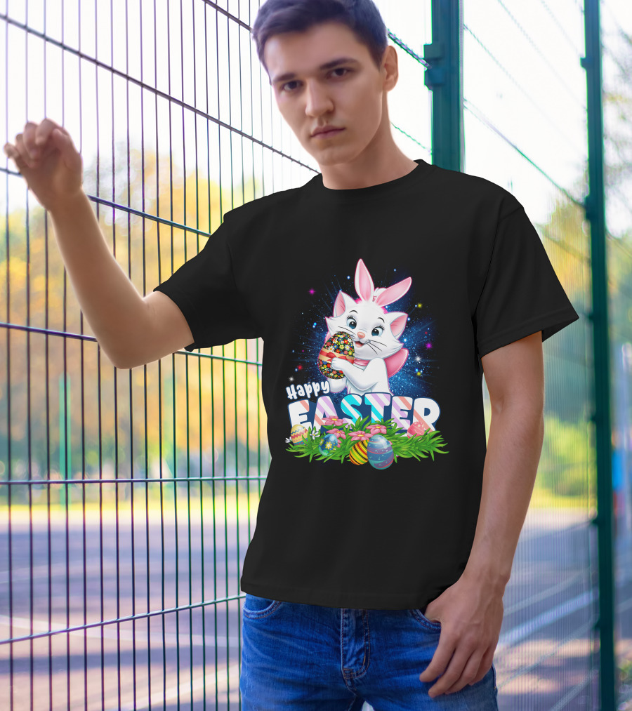 Happy Easter Marie Cat With Colorful Easter Eggs And Flowers T-Shirt
