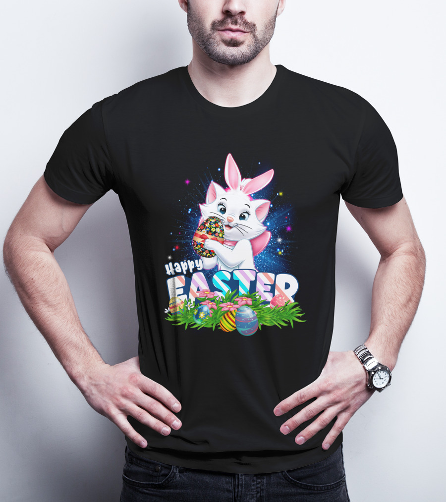 Happy Easter Marie Cat With Colorful Easter Eggs And Flowers T-Shirt