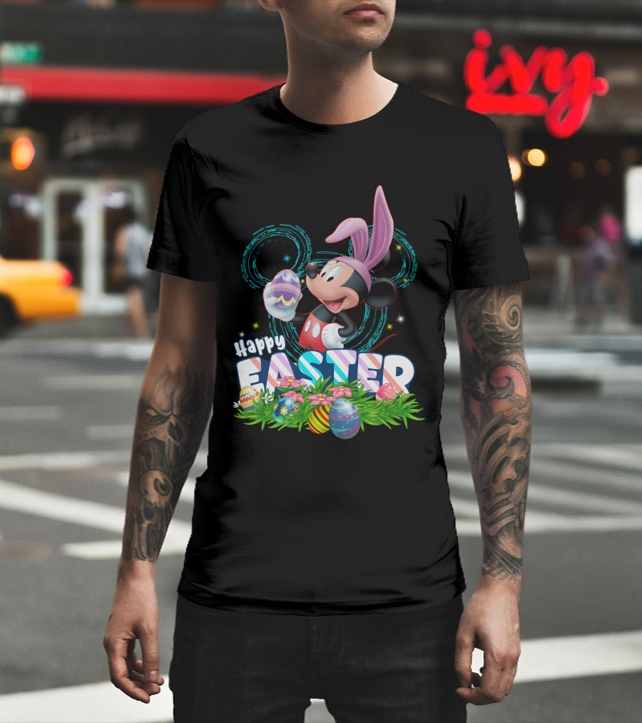 MK Happy Easter Mickey Mouse Bunny Ears Holding Colorful Easter Eggs In Grass T-Shirt