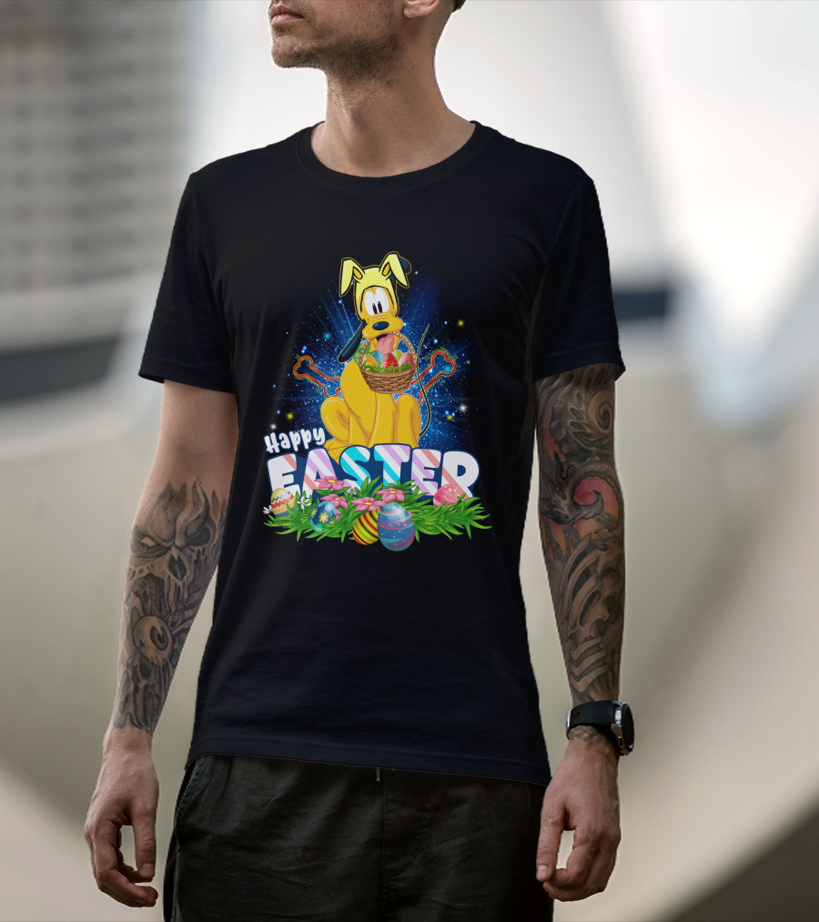 Pluto Happy Easter Basket With Eggs And Flowers T-Shirt