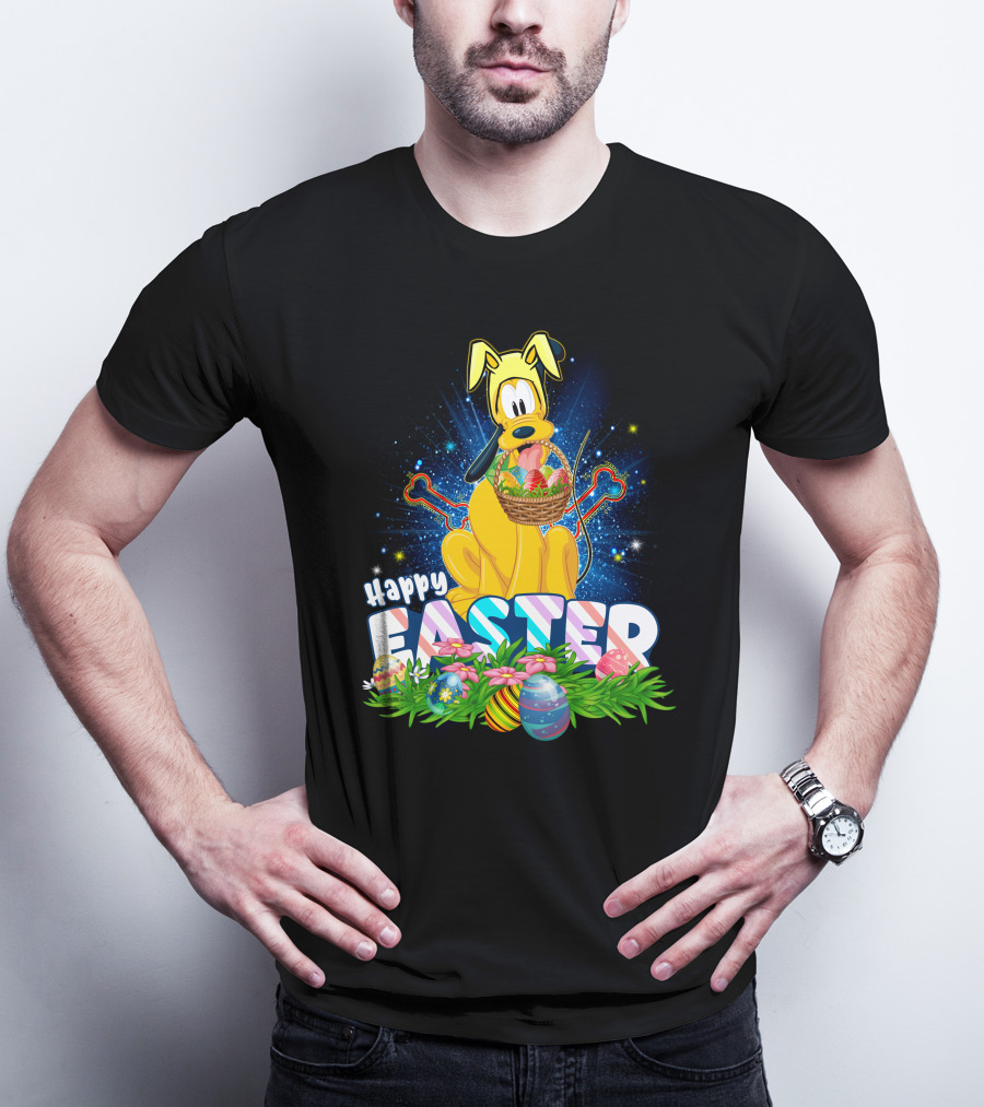 Pluto Happy Easter Basket With Eggs And Flowers T-Shirt