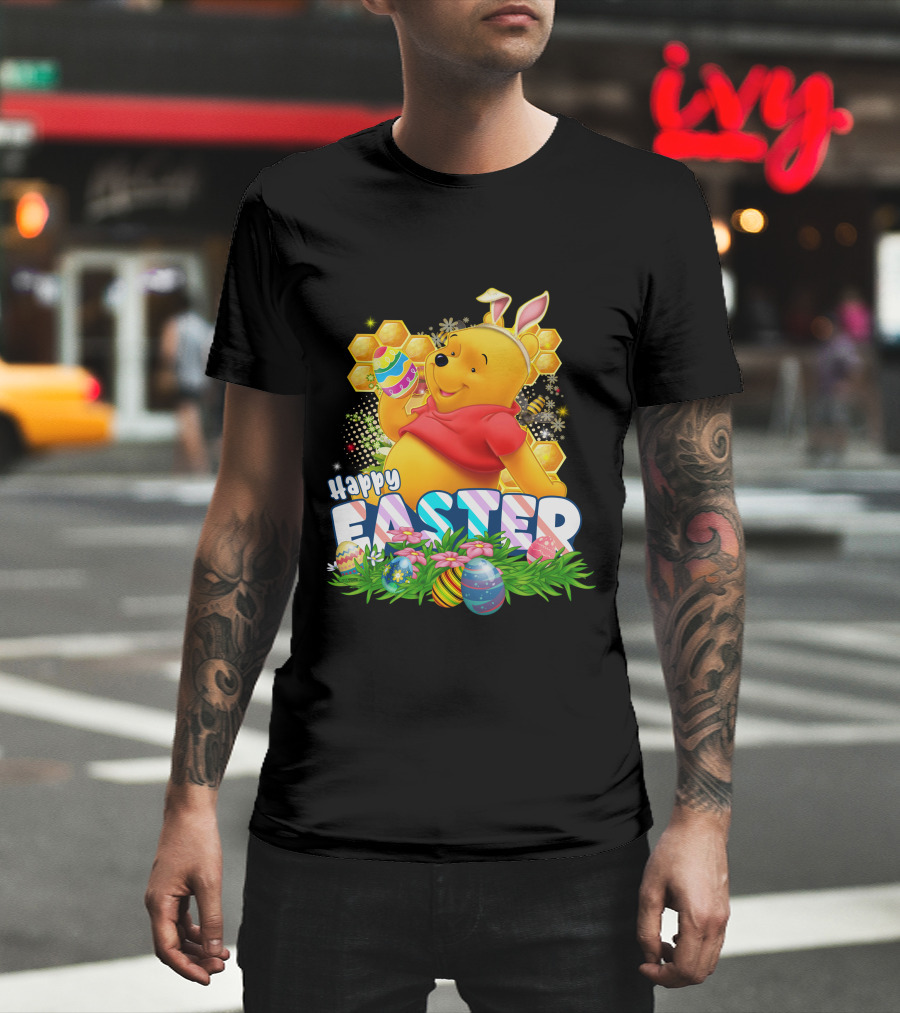 Pooh Happy Easter With Eggs And Honeycomb Background T-Shirt