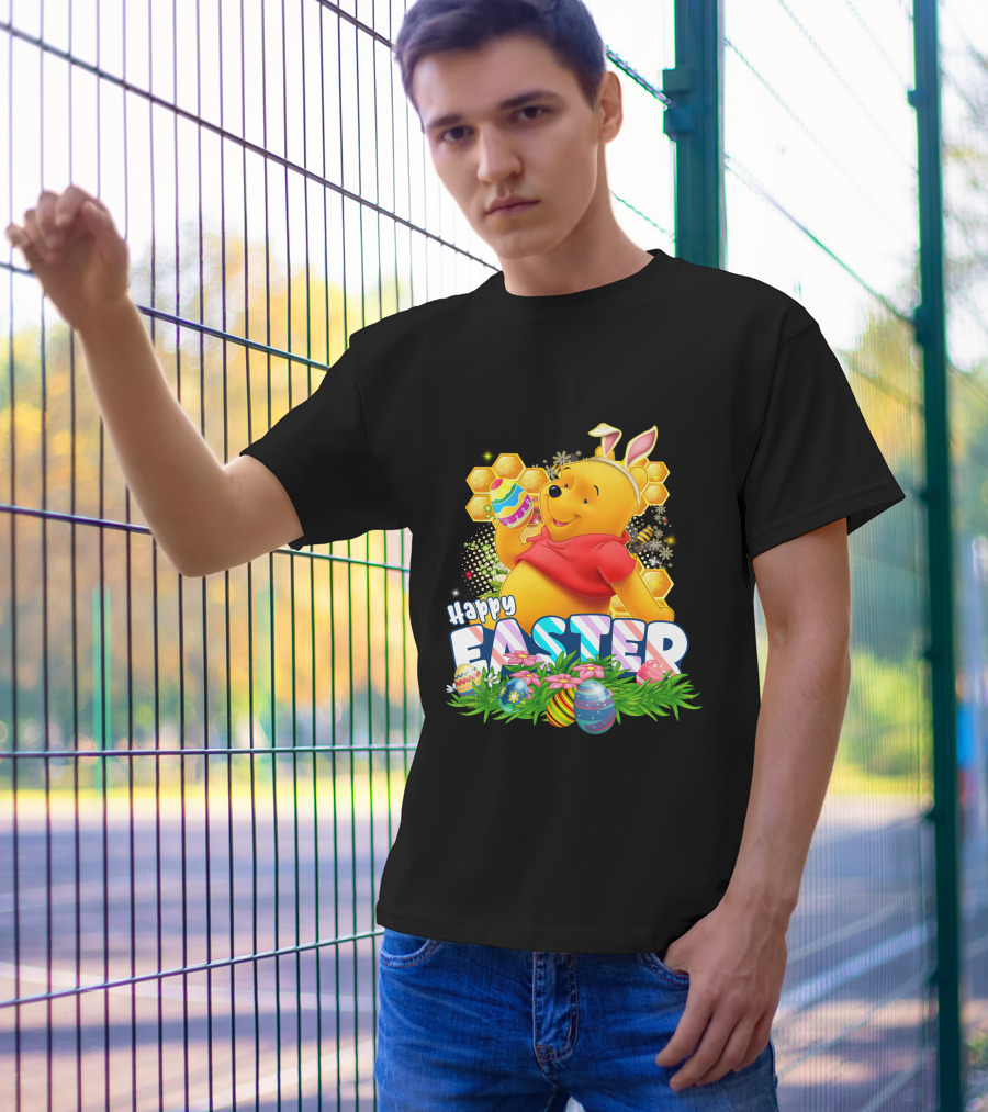 Pooh Happy Easter With Eggs And Honeycomb Background T-Shirt