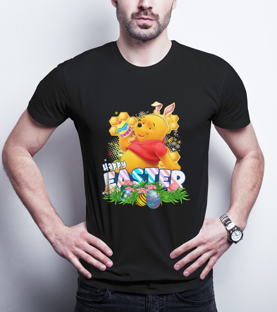 Pooh Happy Easter With Eggs And Honeycomb Background T-Shirt