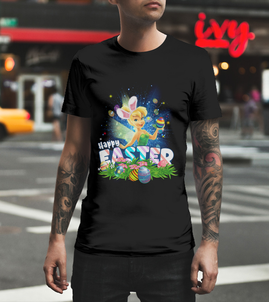 Happy Easter Tinkerbell With Bunny Ears And Colorful Eggs T-Shirt