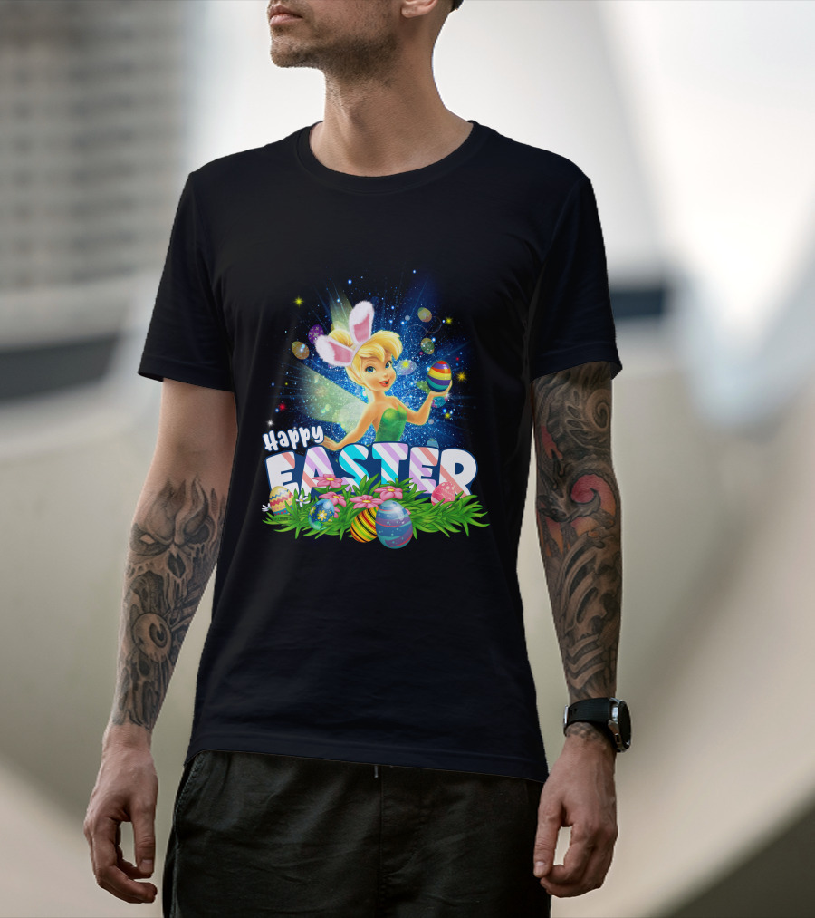 Happy Easter Tinkerbell With Bunny Ears And Colorful Eggs T-Shirt